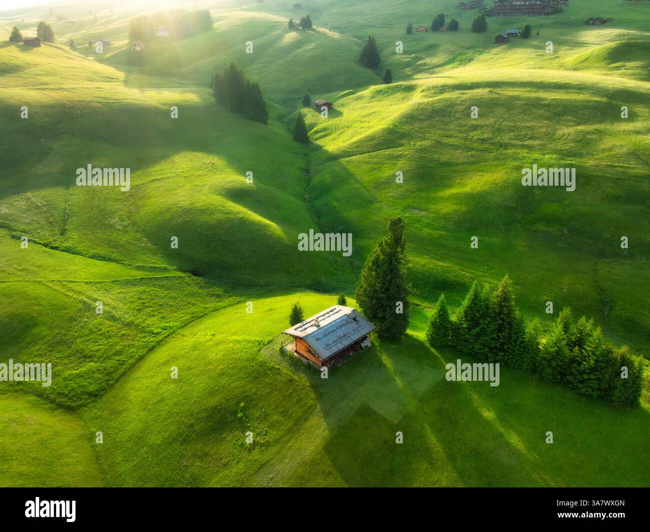 Aerial view of green alpine meadows with houses on the hills at sunset ...
