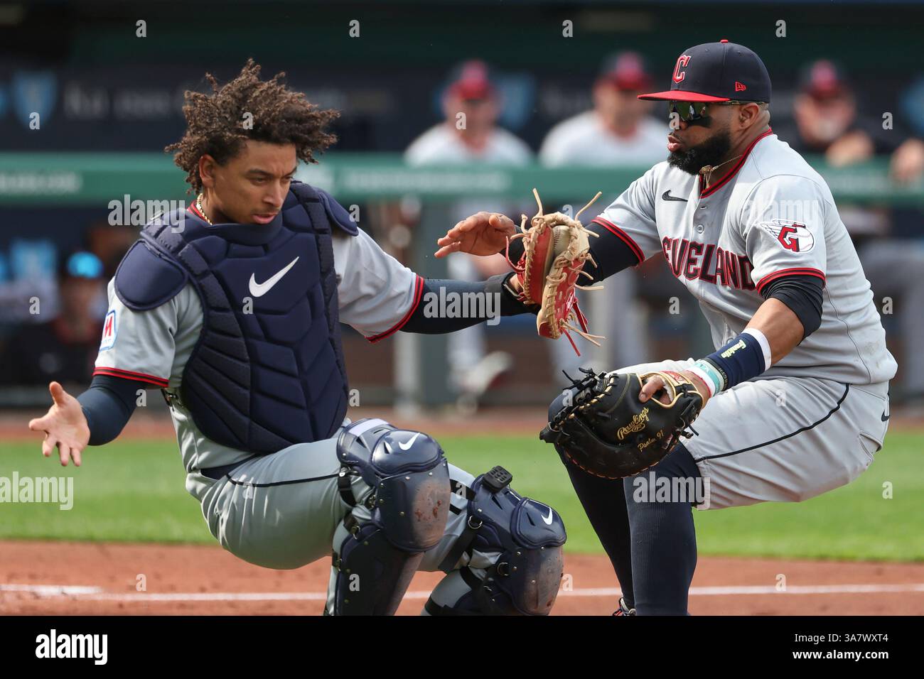 KANSAS CITY, MO - MARCH 27: Cleveland Guardians first base Carlos ...