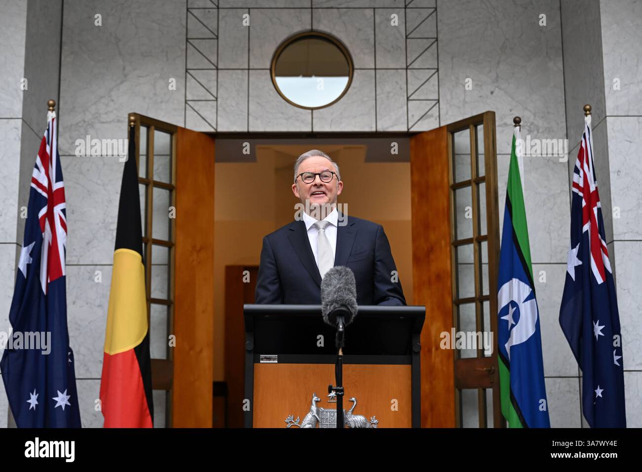 Australian Prime Minister Anthony Albanese speaks to the media during a ...