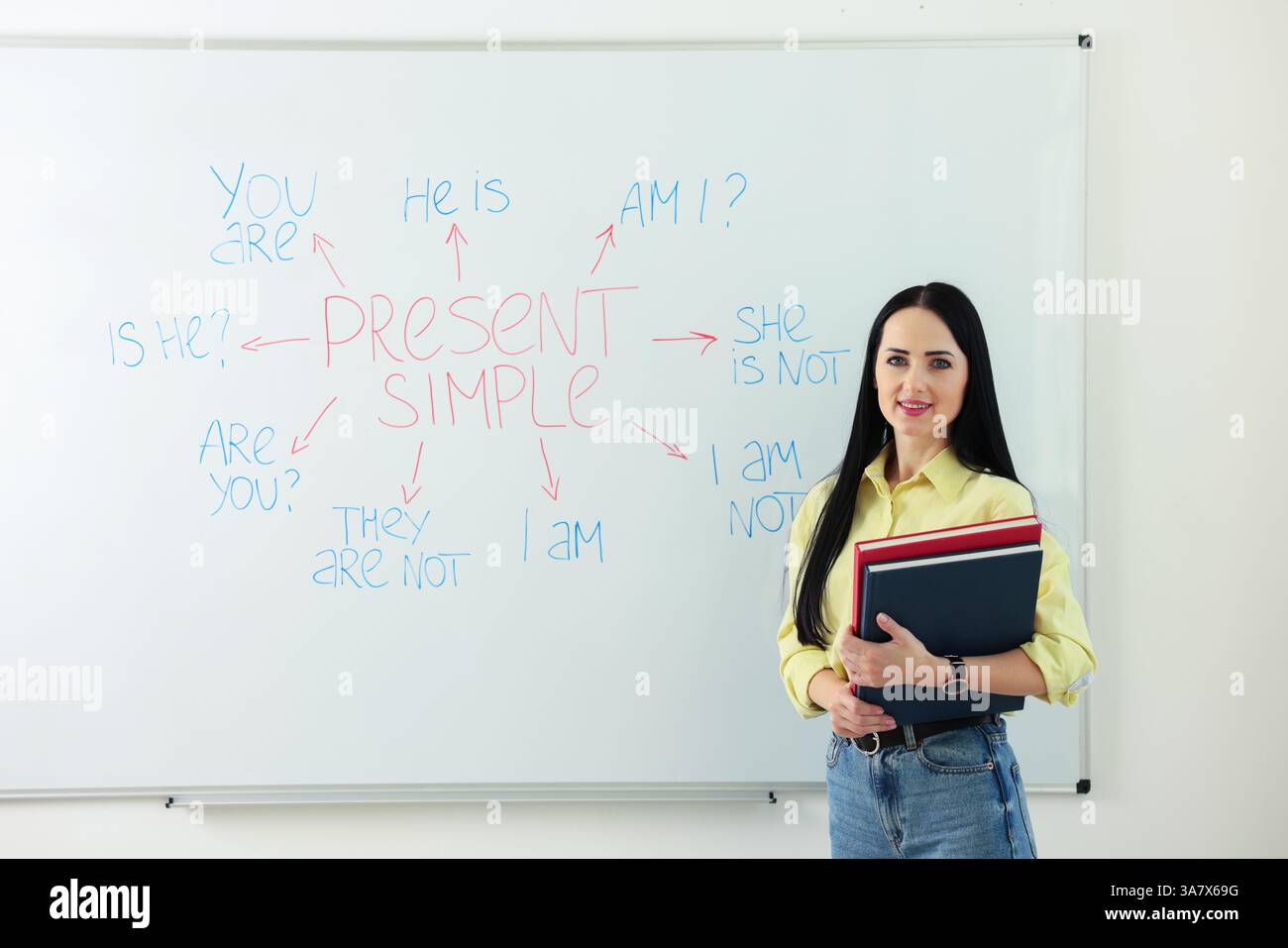 English teacher explaining Present Simple tense at whiteboard in ...