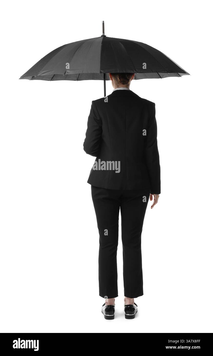 Young woman with black umbrella on white background, back view Stock ...
