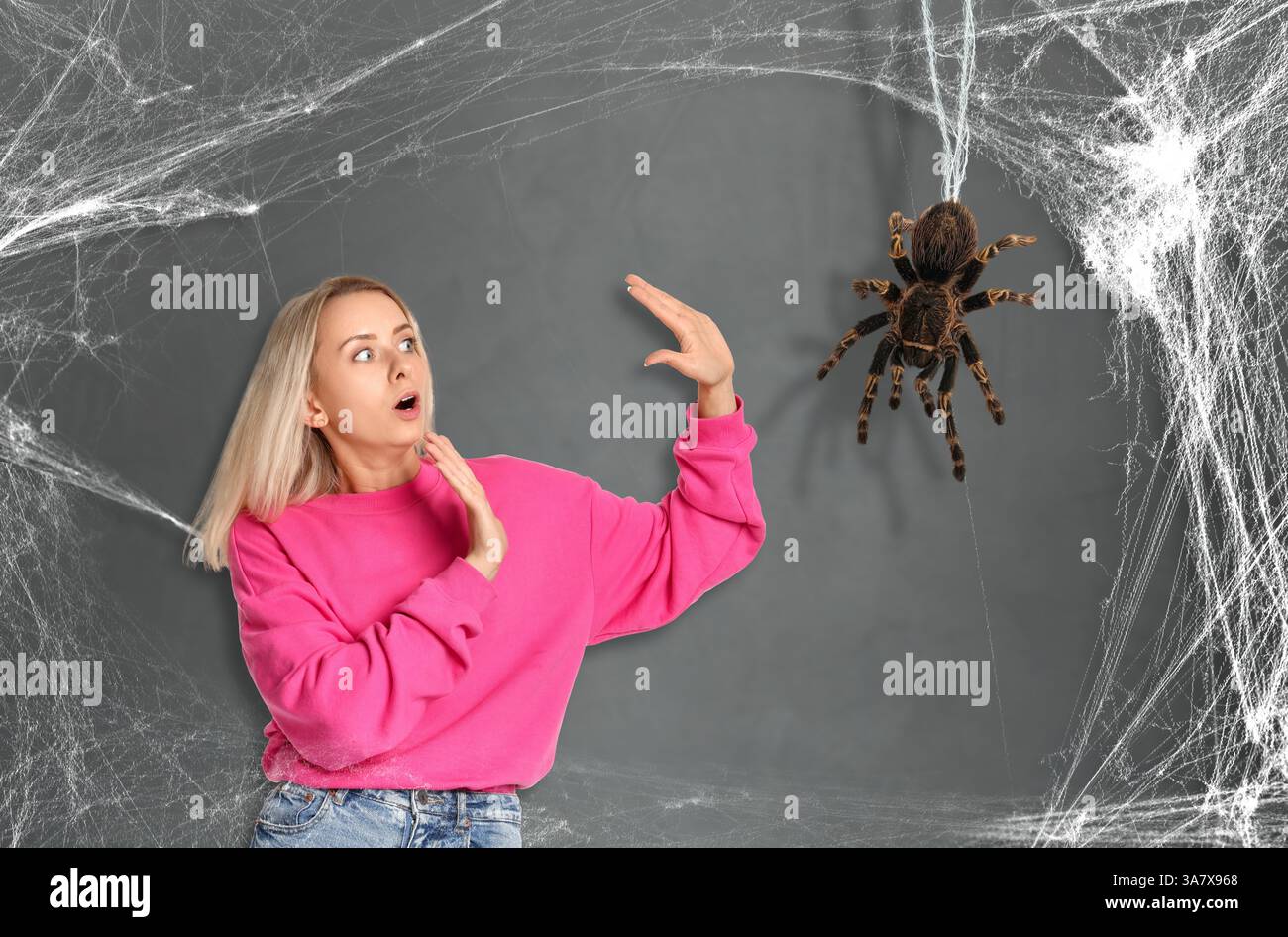 Scared woman and cobweb with spider against grey background ...