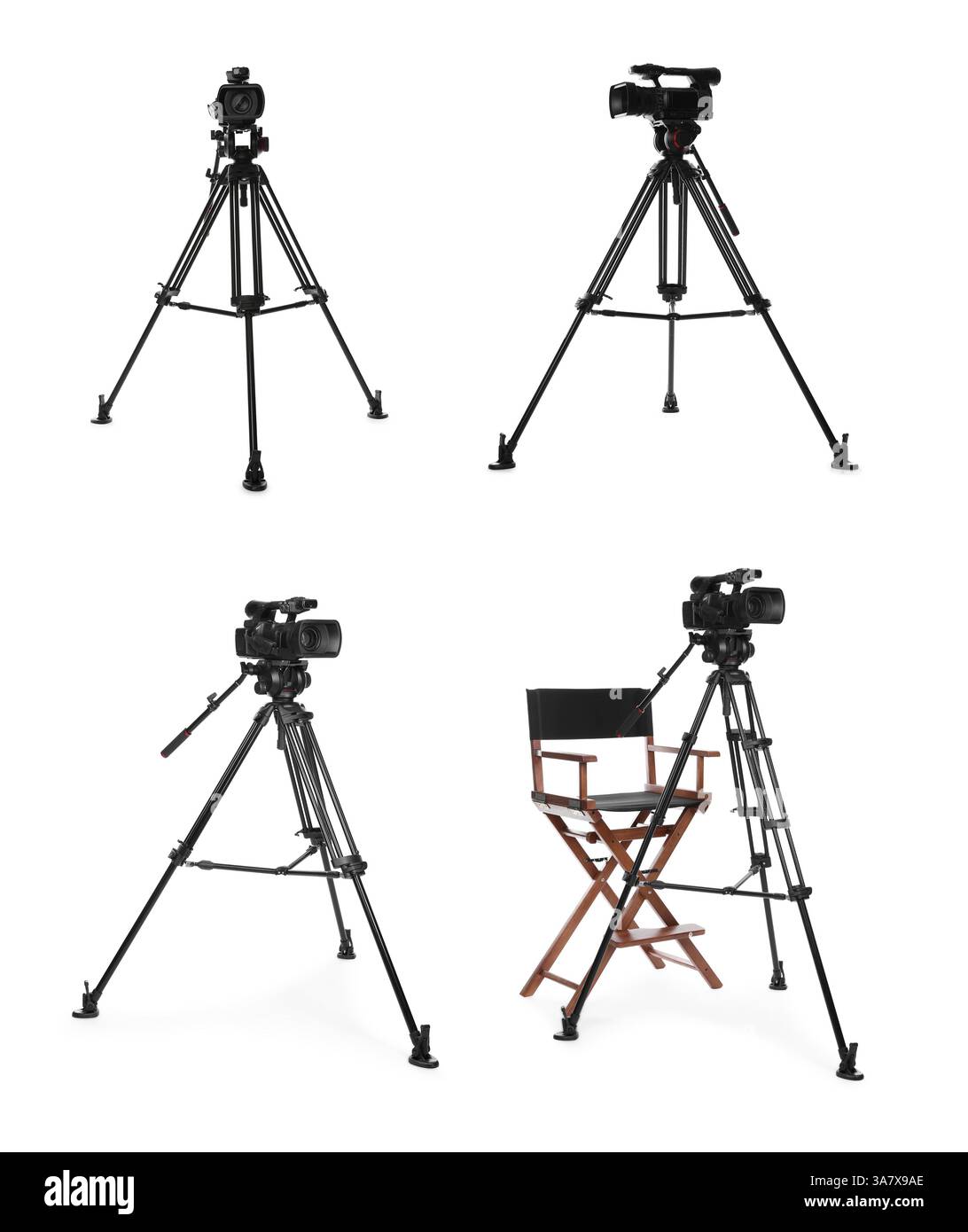 Modern video camera with tripod and director`s chair on white ...