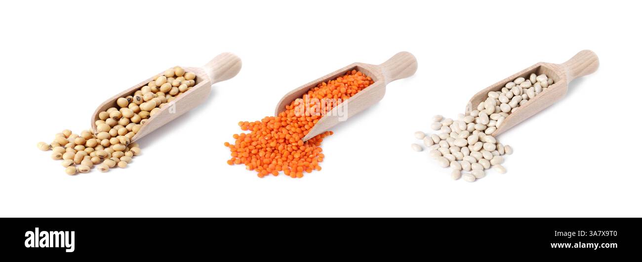 Scoops with different types of legumes isolated on white, set Stock ...