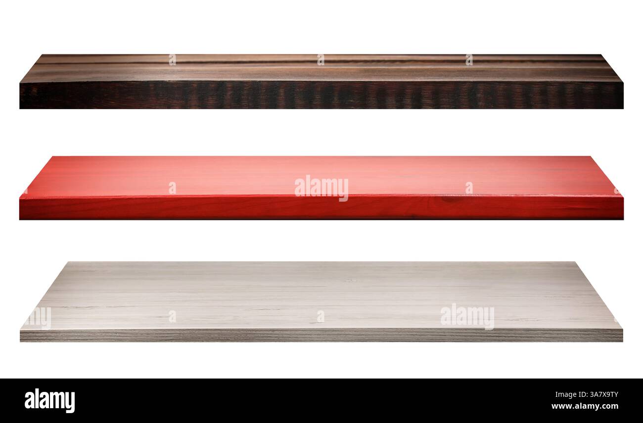Different empty wooden shelves isolated on white, set Stock Photo - Alamy