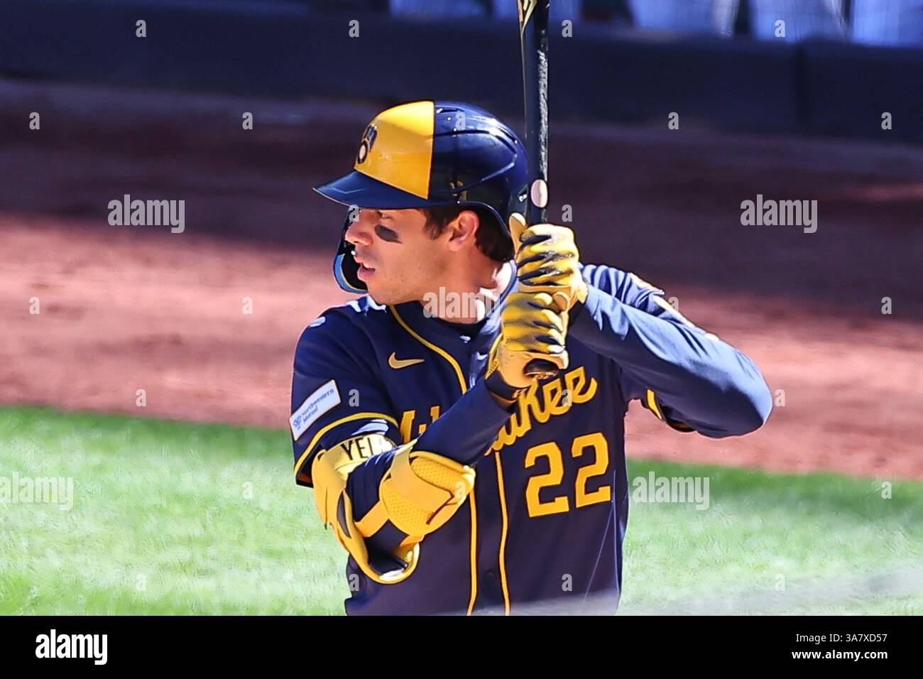 BRONX, NY - MARCH 27: Christian Yelich #22 of the Milwaukee Brewers at ...