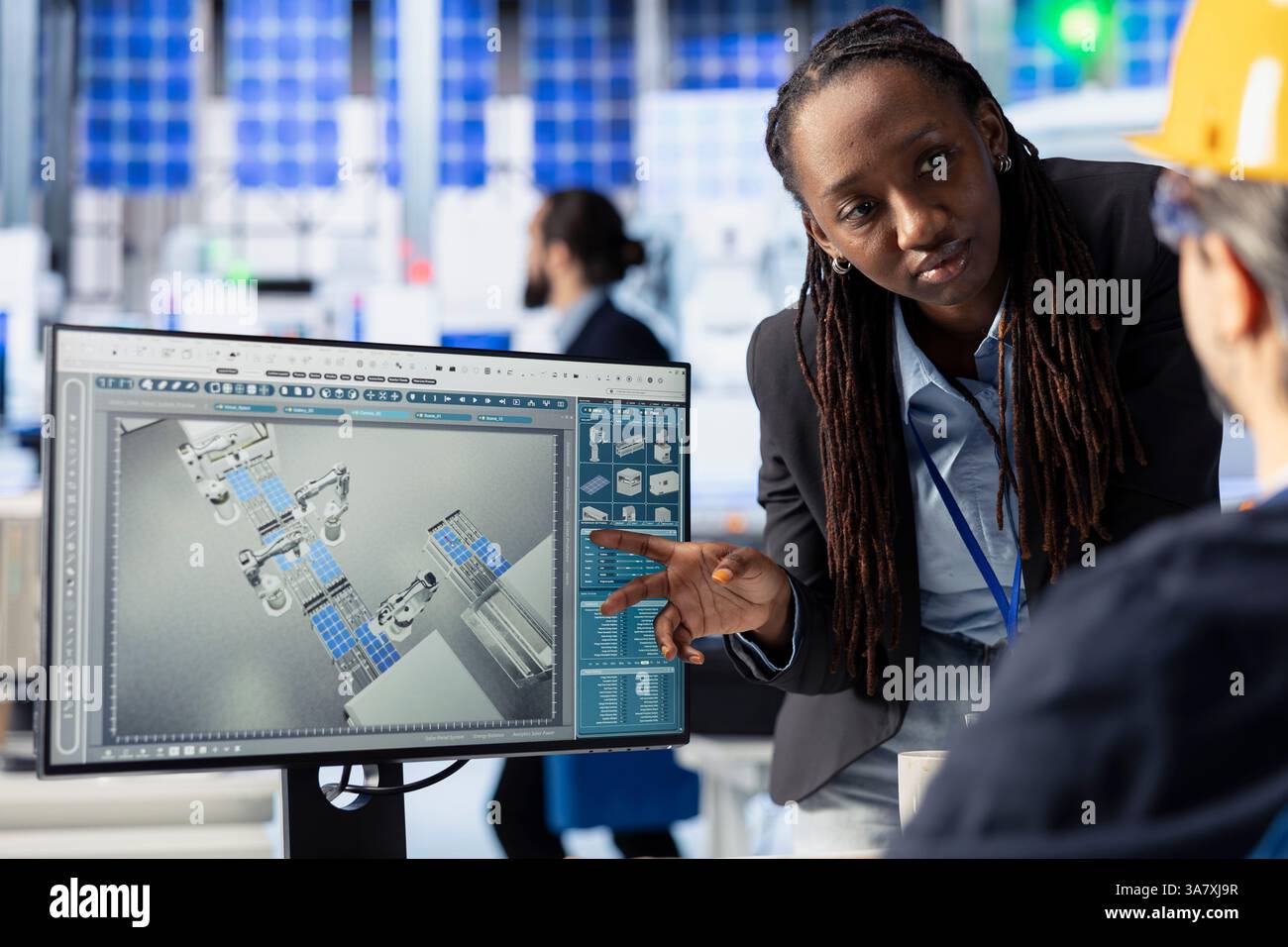 Solar panels plant teamworking colleagues looking over factory energy ...