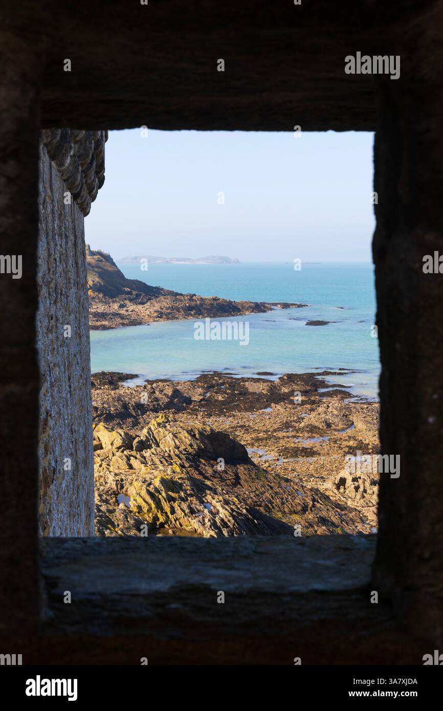 Panoramic view through a window at Bon-Secours Beach and ihe island of ...