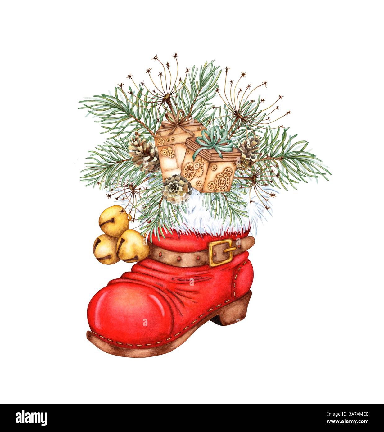 Red Santa shoe, with fir branches, grass, pine cones, gifts, watercolor ...