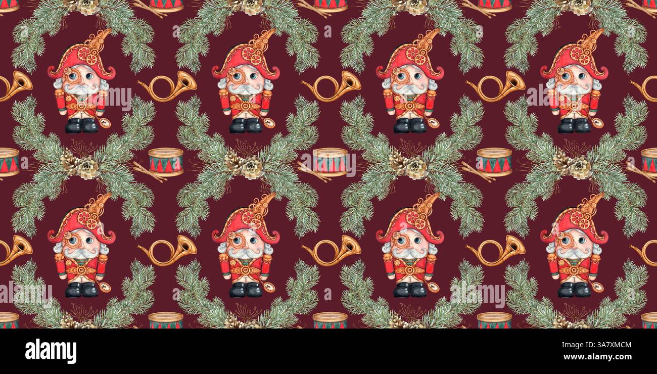 Nutcracker, drum, bugle, fir branches, grass, pine cones, in a ...