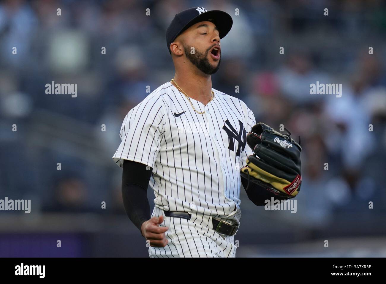 New York Yankees pitcher Devin Williams reacts during the ninth inning ...