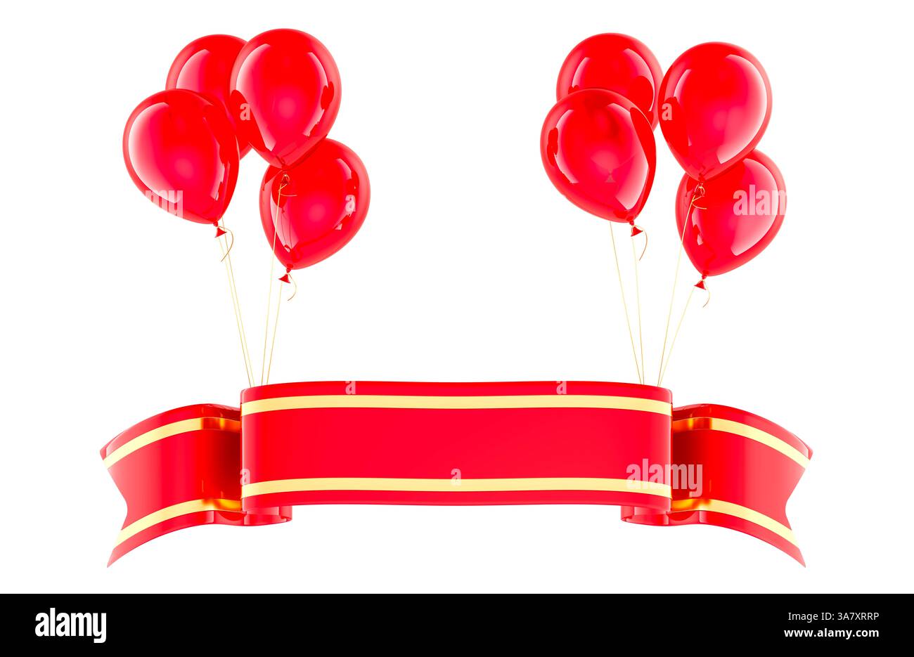Blank red ribbon banner for text with party balloons on each side, 3D ...