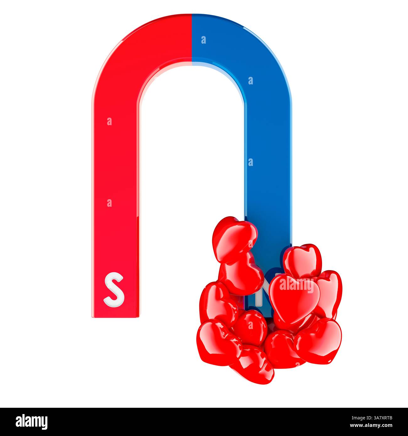 Magnet attracts red hearts. 3D rendering isolated on white background ...