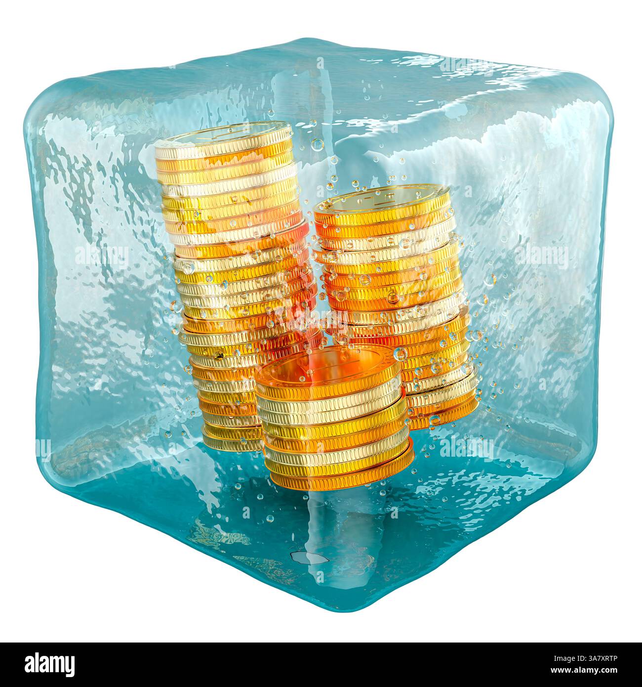Golden coins frozen in ice cube, 3D rendering isolated on white ...