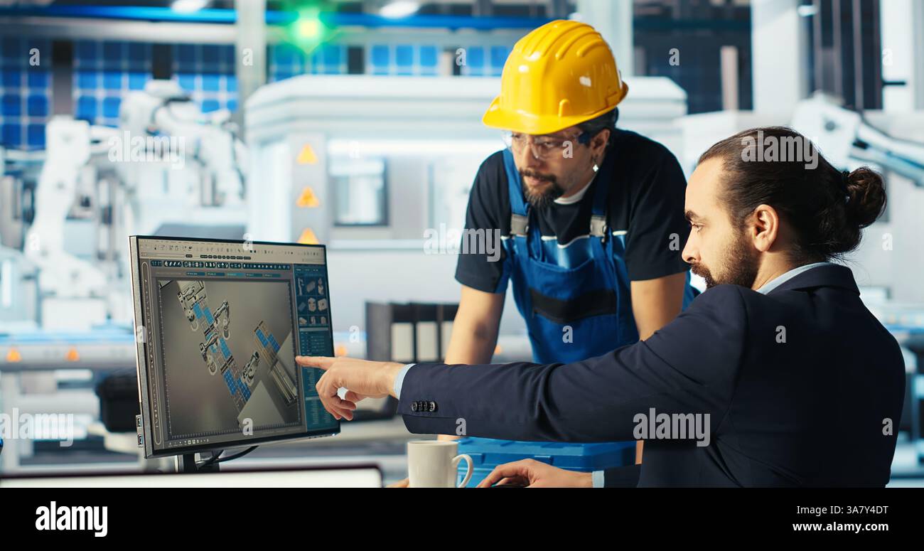 Solar panels plant expert sharing findings with engineer after ...