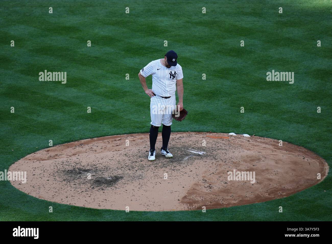 New York Yankees pitcher Carlos Rodón reacts as he is pulled from the ...