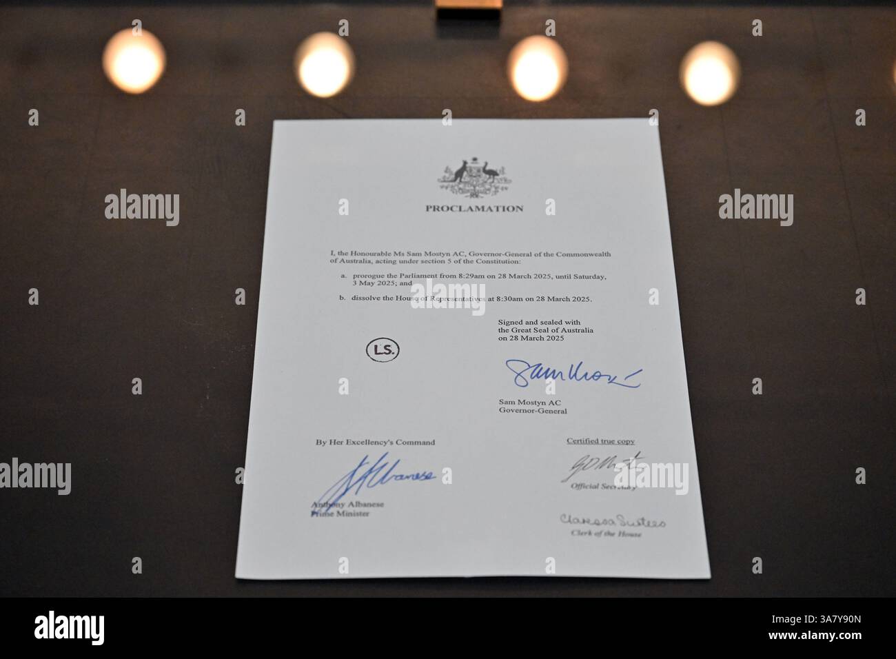 Canberra, Australia. 28th Mar, 2025. The proclamation signed by ...