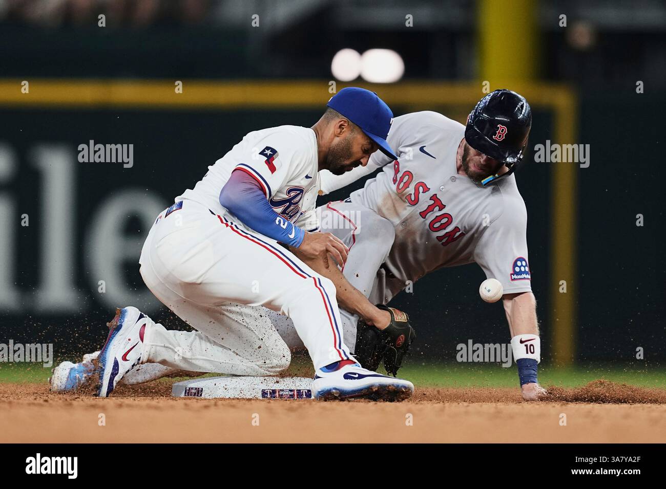 Boston Red Sox's Trevor Story, right, steals second as Texas Rangers ...