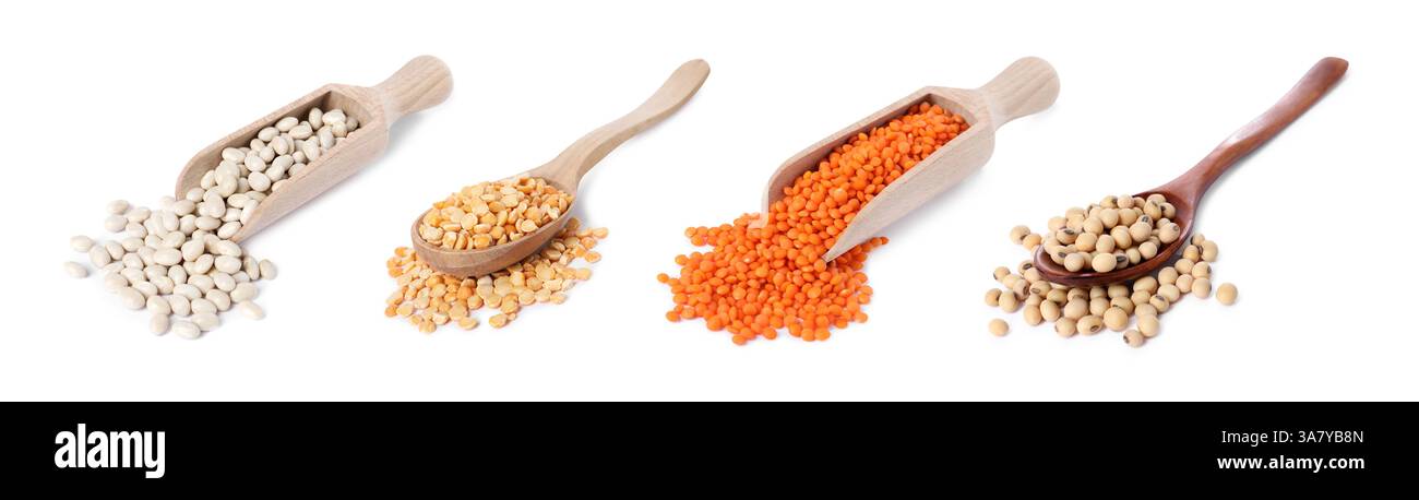 Scoops and spoons with different types of legumes isolated on white ...