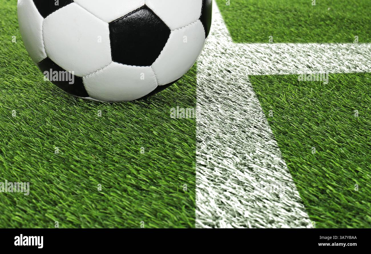 Football field with markings and soccer ball on green turf Stock Photo ...