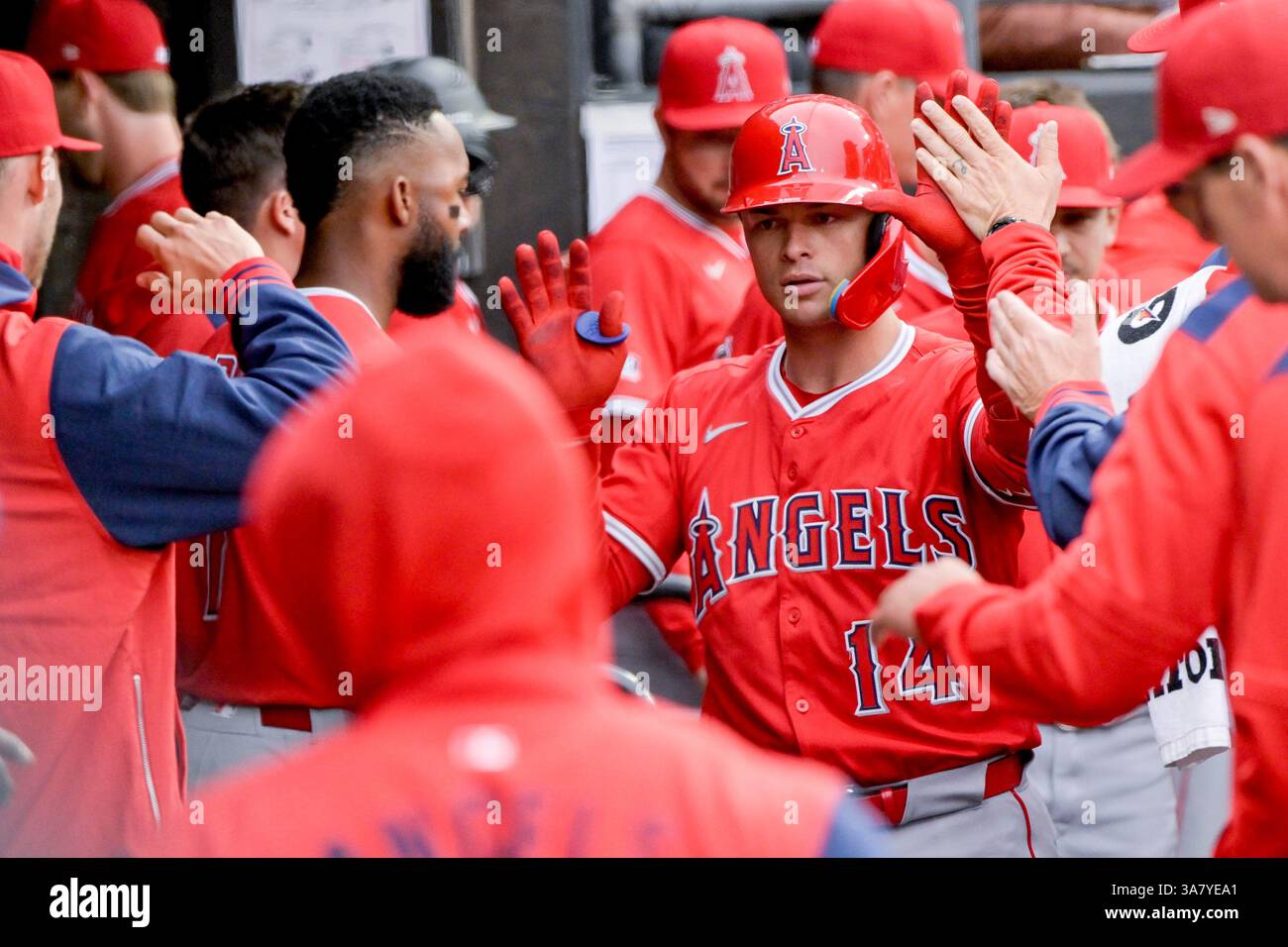 Los Angeles Angels Logan O'Hoppe (14) celebrates his ninth inning home ...