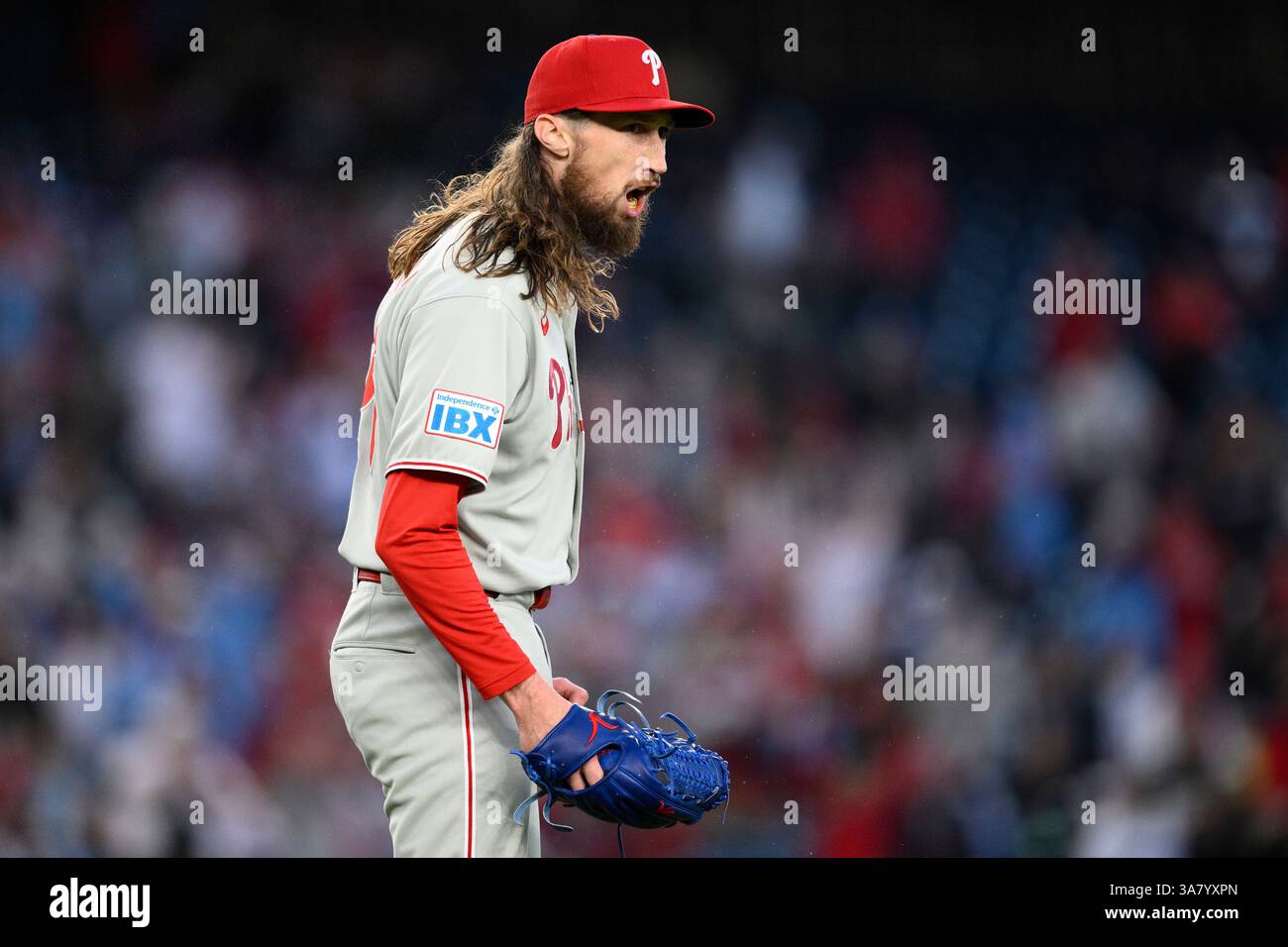 Philadelphia Phillies relief pitcher Matt Strahm (25) reacts at the end ...