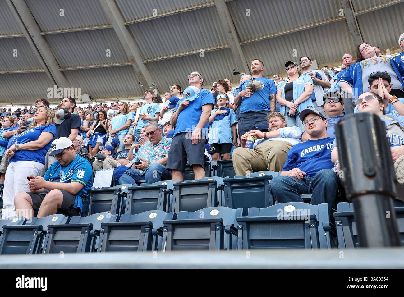 March 27, 2025: Fans stand during the seventh inning as God Bless ...