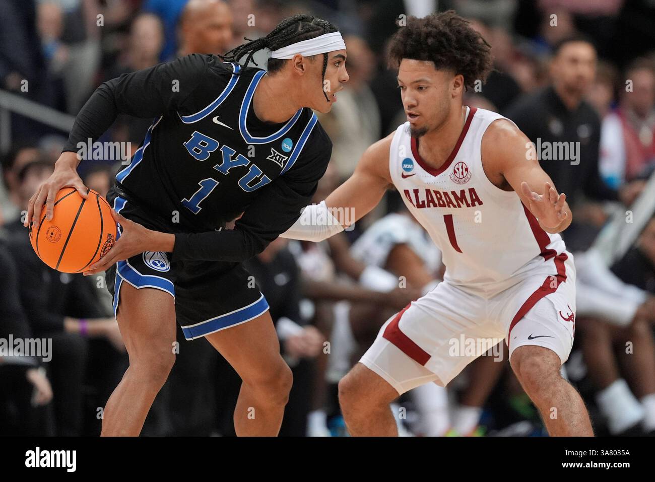 Brigham Young guard Trey Stewart (1) looks to pass against Alabama ...