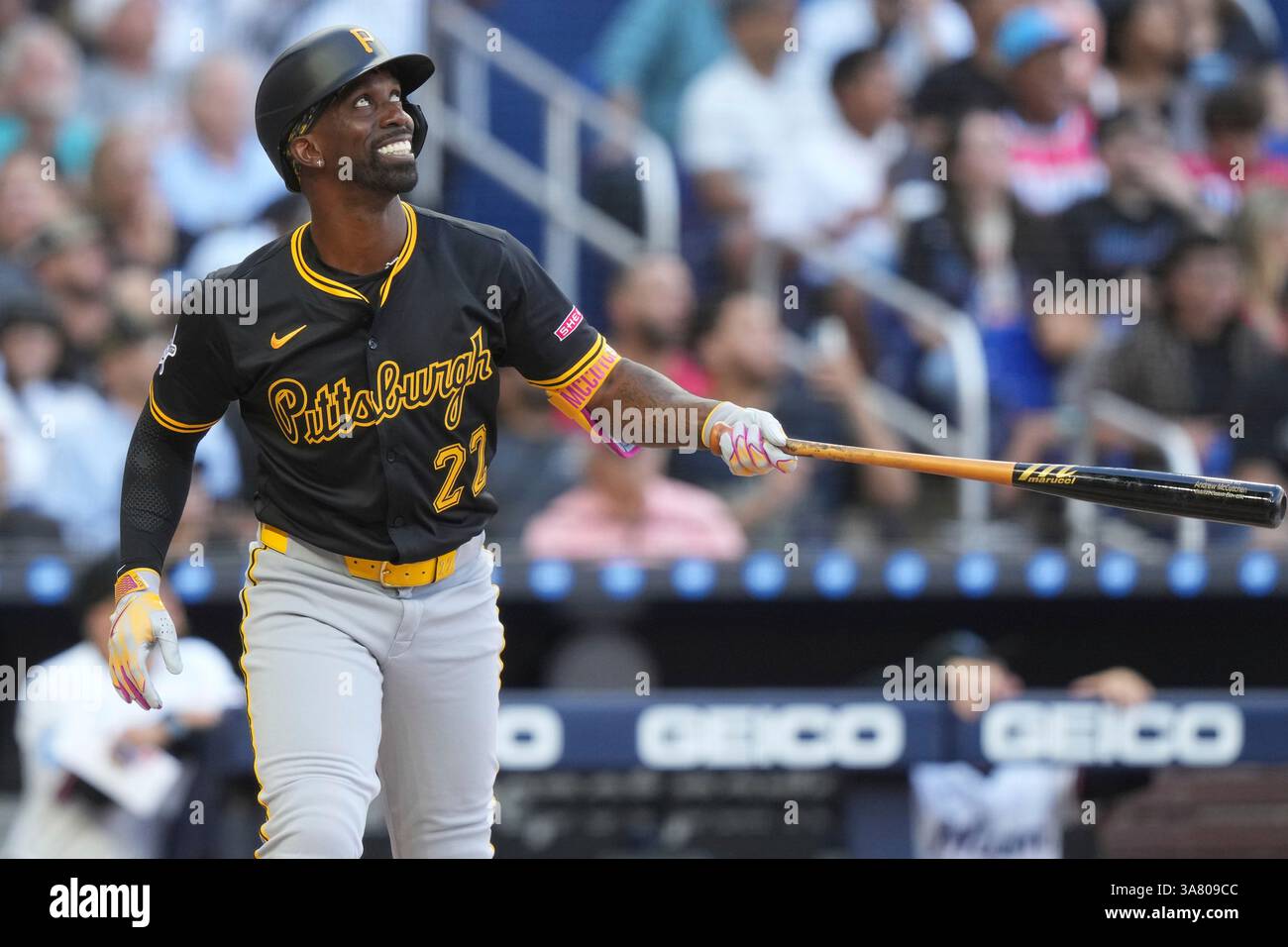 Pittsburgh Pirates' Andrew McCutchen (22) watches after flying out ...