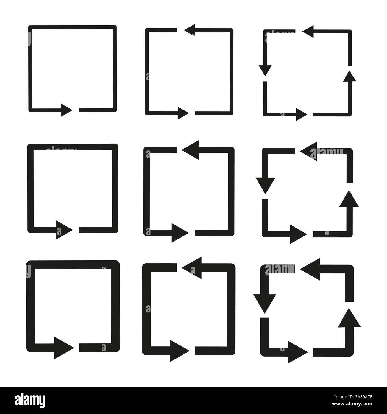 Arrowed squares collection. Rotating frame symbols. Black vector shapes ...