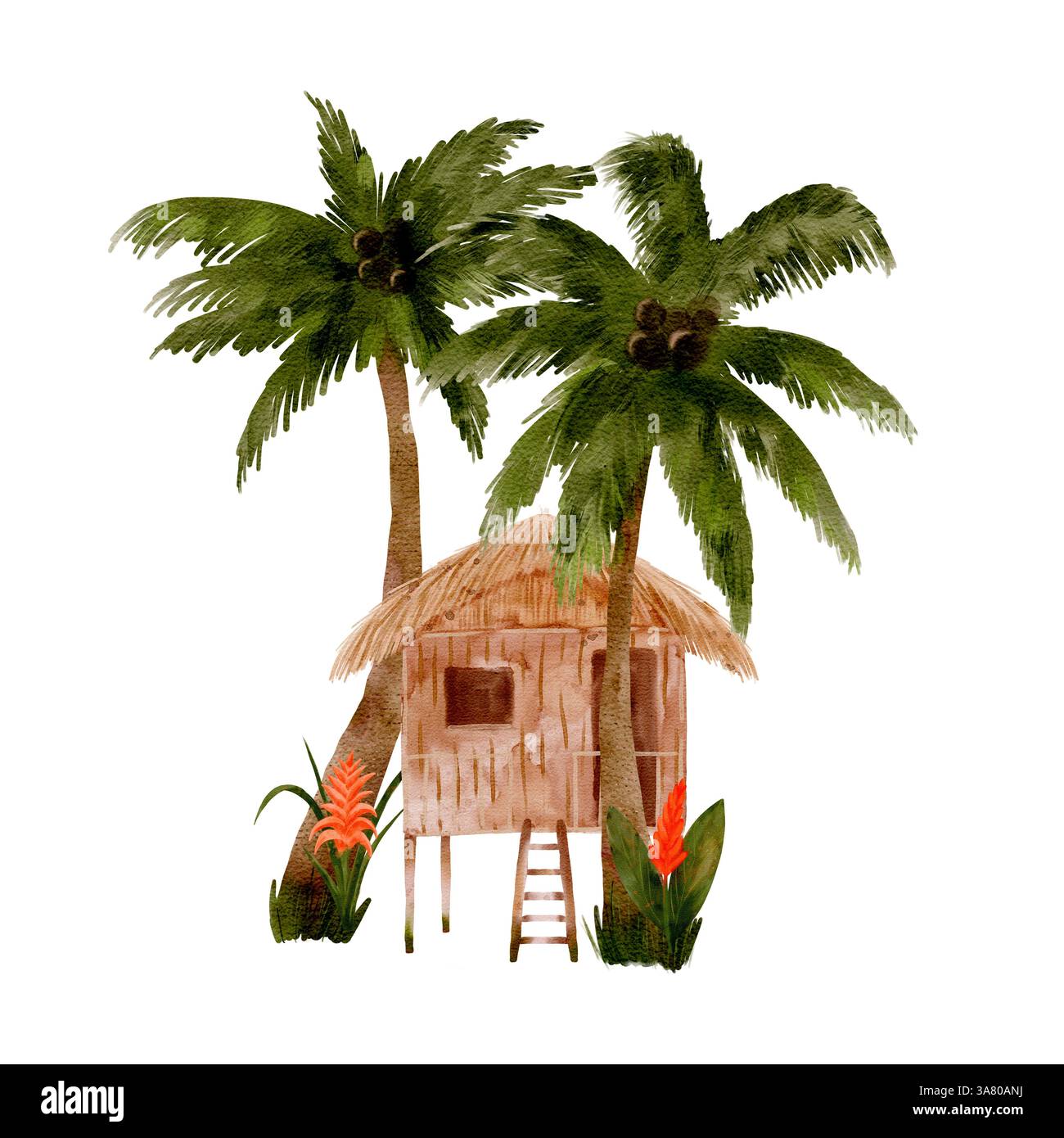 A charming little tropical hut surrounded by palm trees and vibrant ...