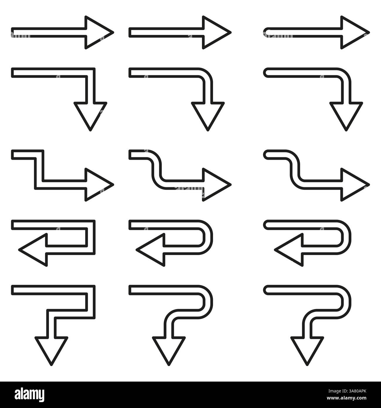 Directional arrow icons. Curved turn shapes. Vector pointer set. Minimal route symbol Stock ...