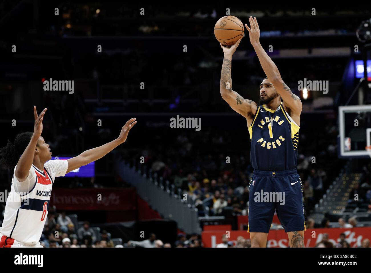 Indiana Pacers forward Obi Toppin (1) attempts a three point basket as ...