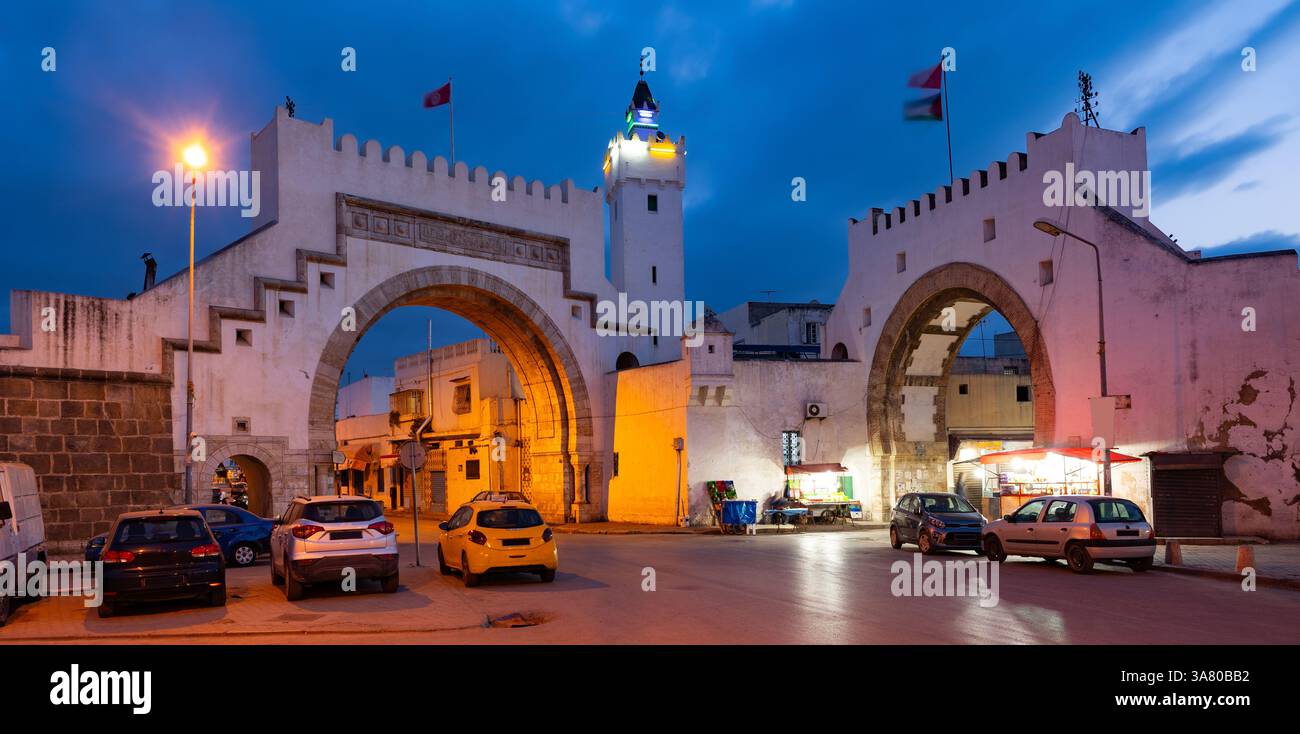 Twilight scene at Bab El Khadra and Mosque Barrek Jmel in Tunis Stock ...