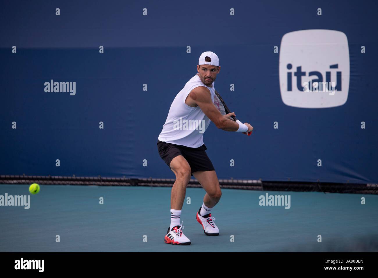Miami Gardens, FL. March 26, 2025. Grigor Dimitrov practices during the ...