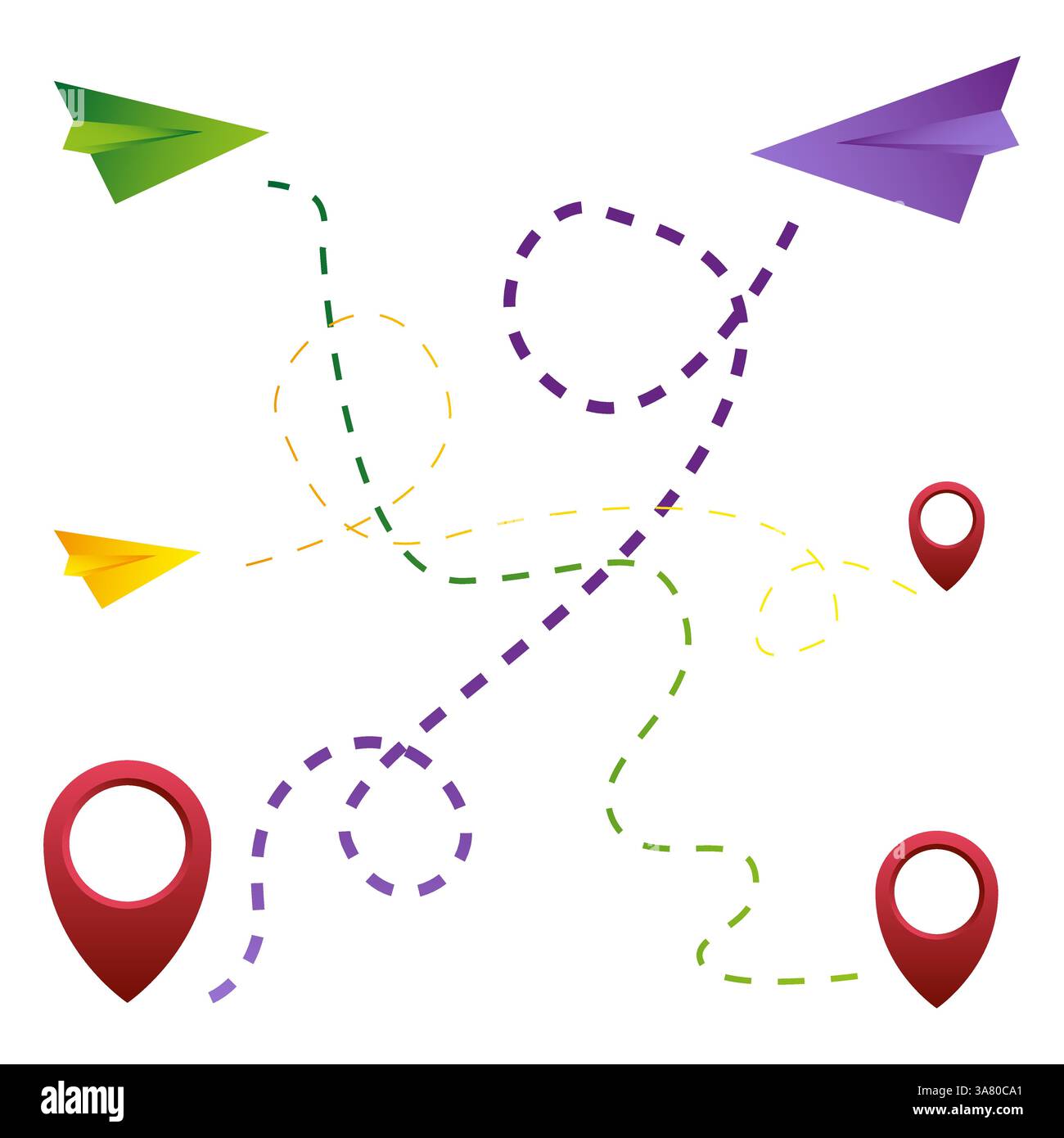 Paper planes flying. Dashed flight paths. Travel location pins. Vector ...
