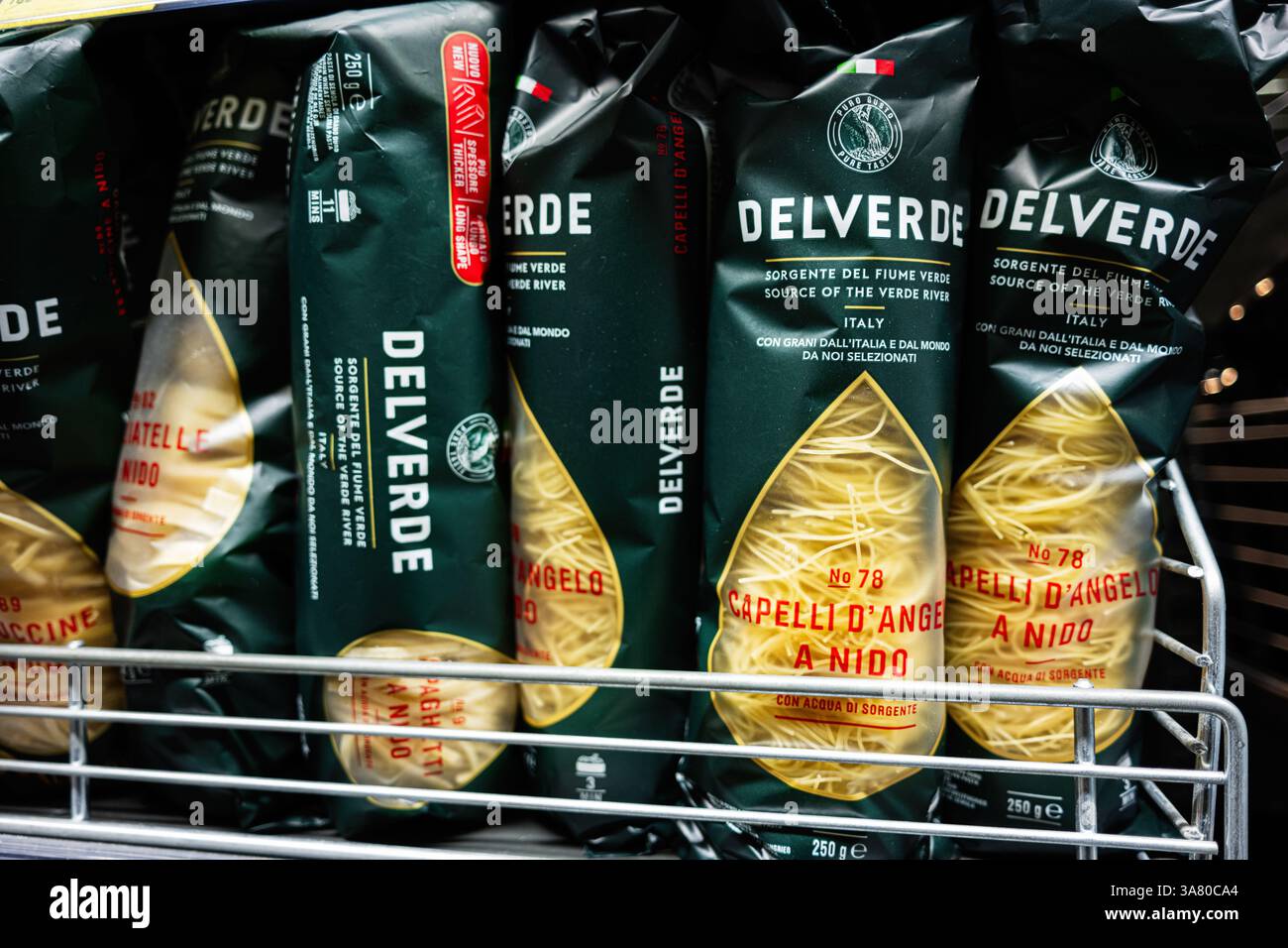 Lviv, Ukraine - March 25, 2025: A close-up of Delverde brand pasta ...