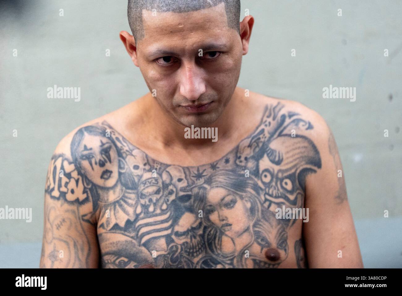 A prisoner at the Terrorist Confinement Center stands shackled against ...
