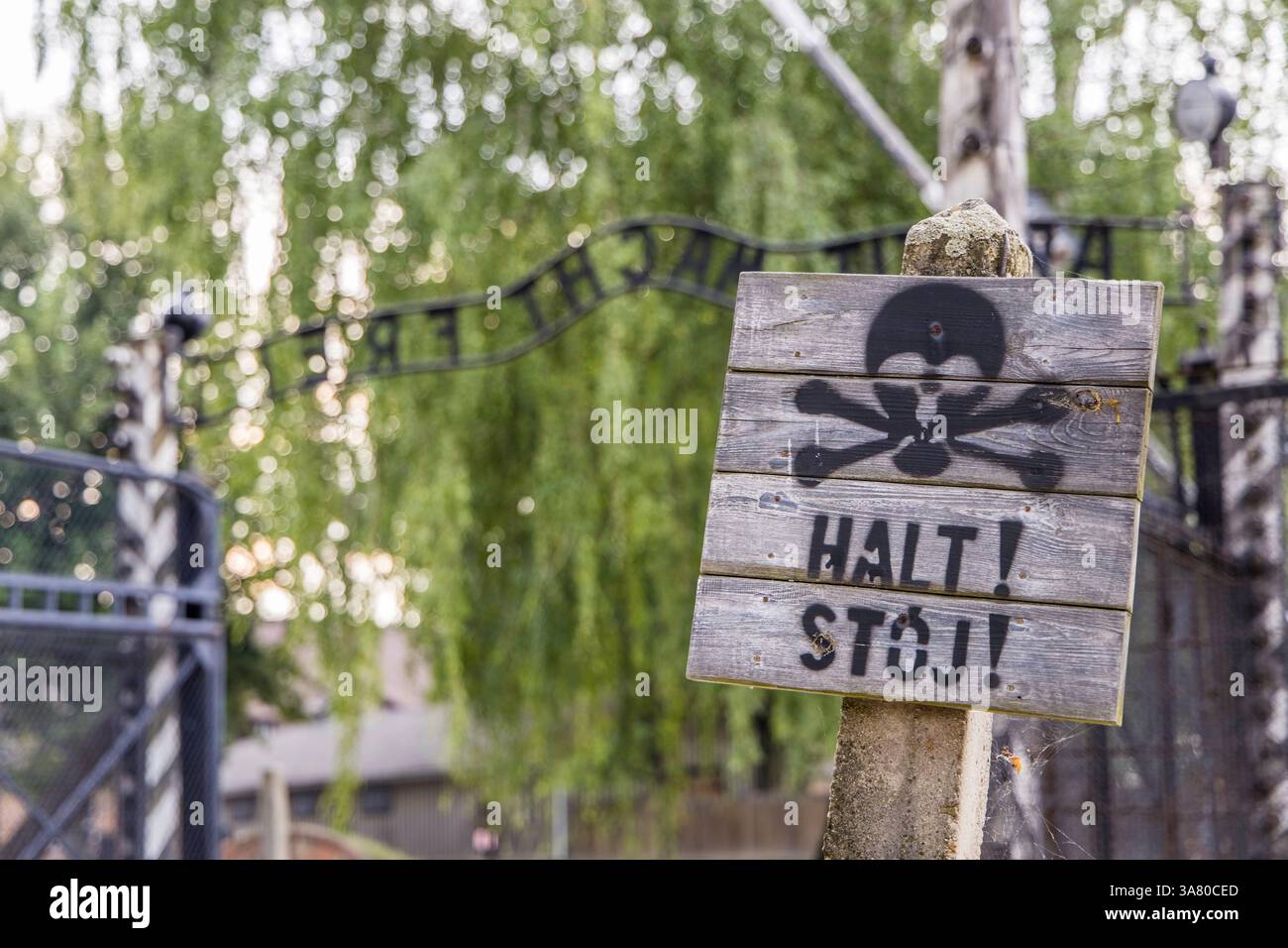 Auschwitz, Poland- July 16, 2023: Warning sign in auschwitz ...