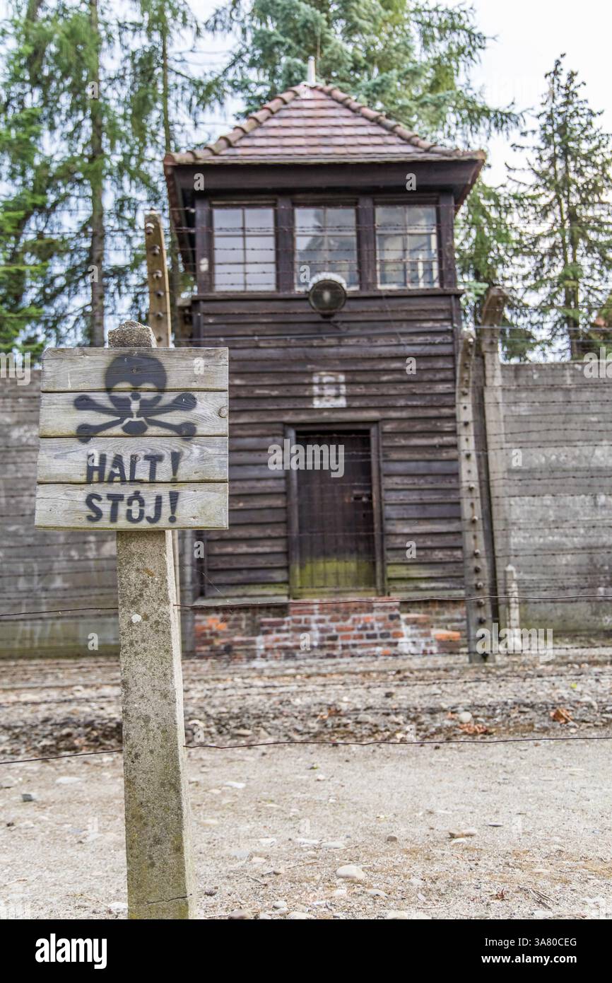 Auschwitz, Poland- July 16, 2023: Warning sign in auschwitz ...