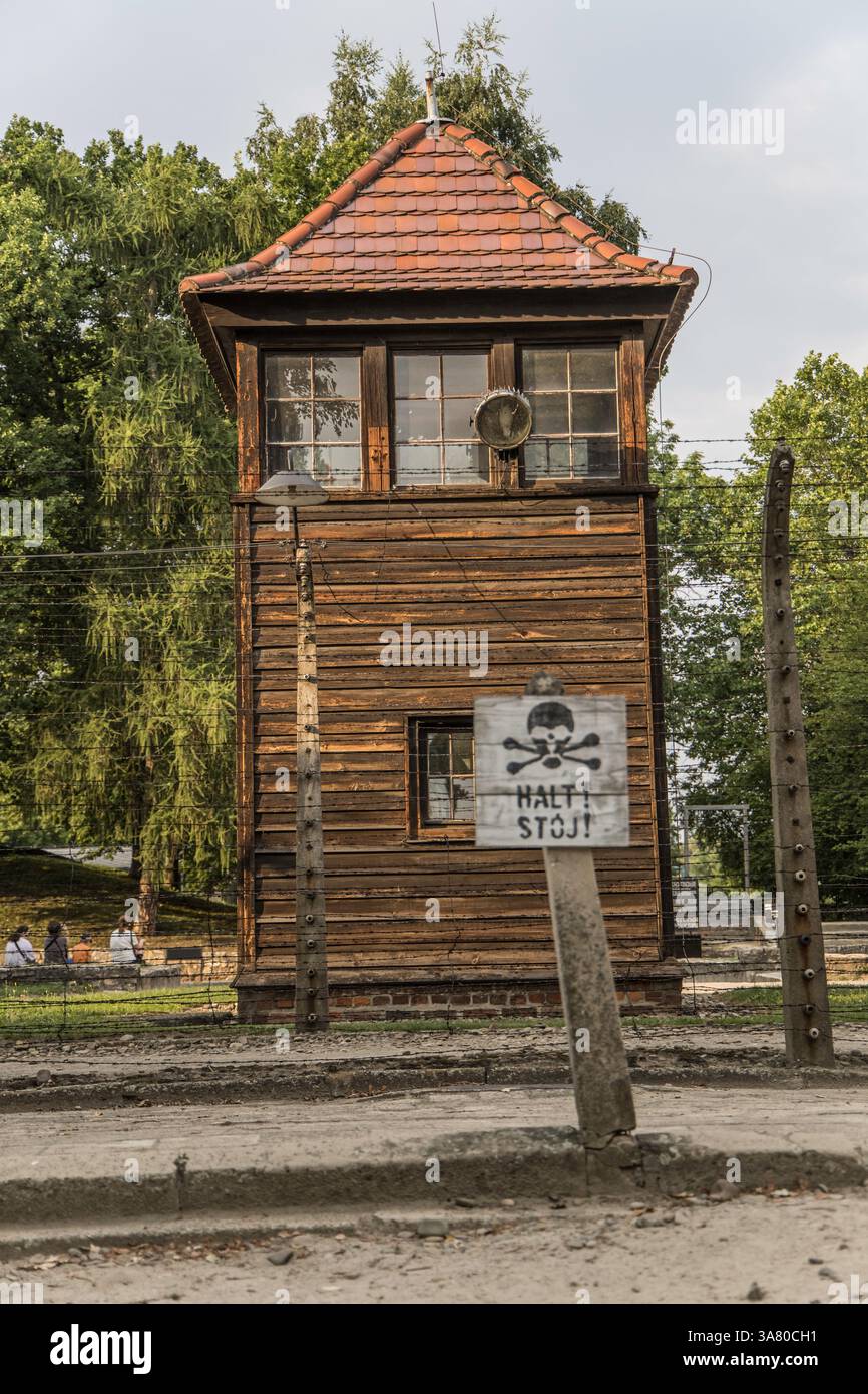 Auschwitz, Poland- July 16, 2023: Warning sign in Auschwitz ...