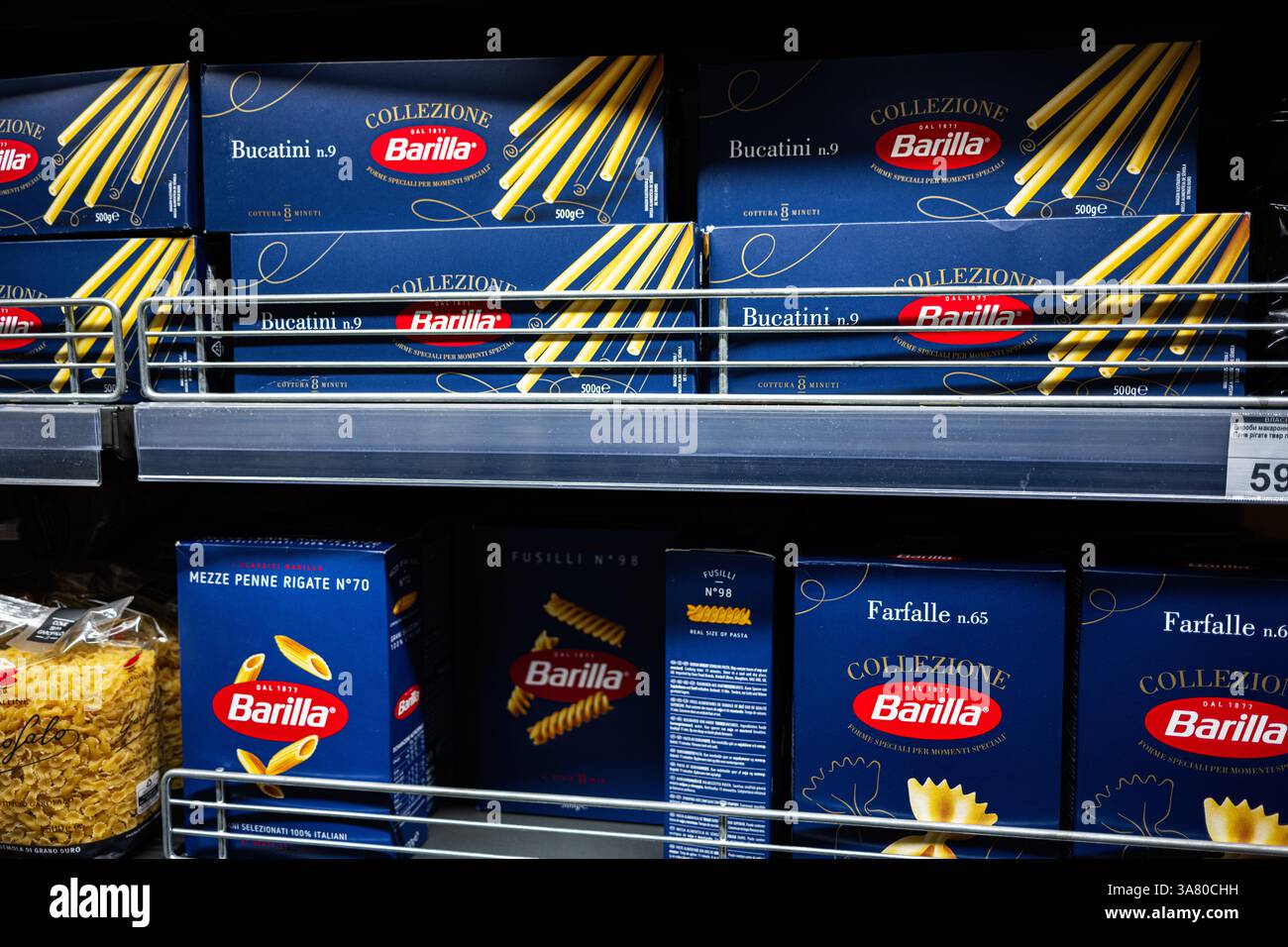 Lviv, Ukraine - March 25, 2025: Various Barilla pasta boxes neatly ...