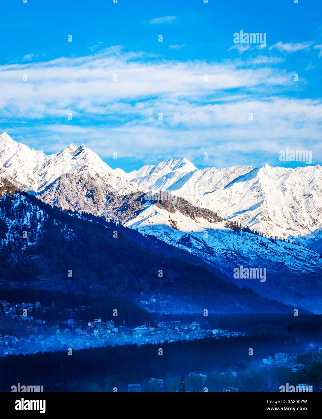 sunset in Manali overlooking Manali city and Himalayas India Stock ...
