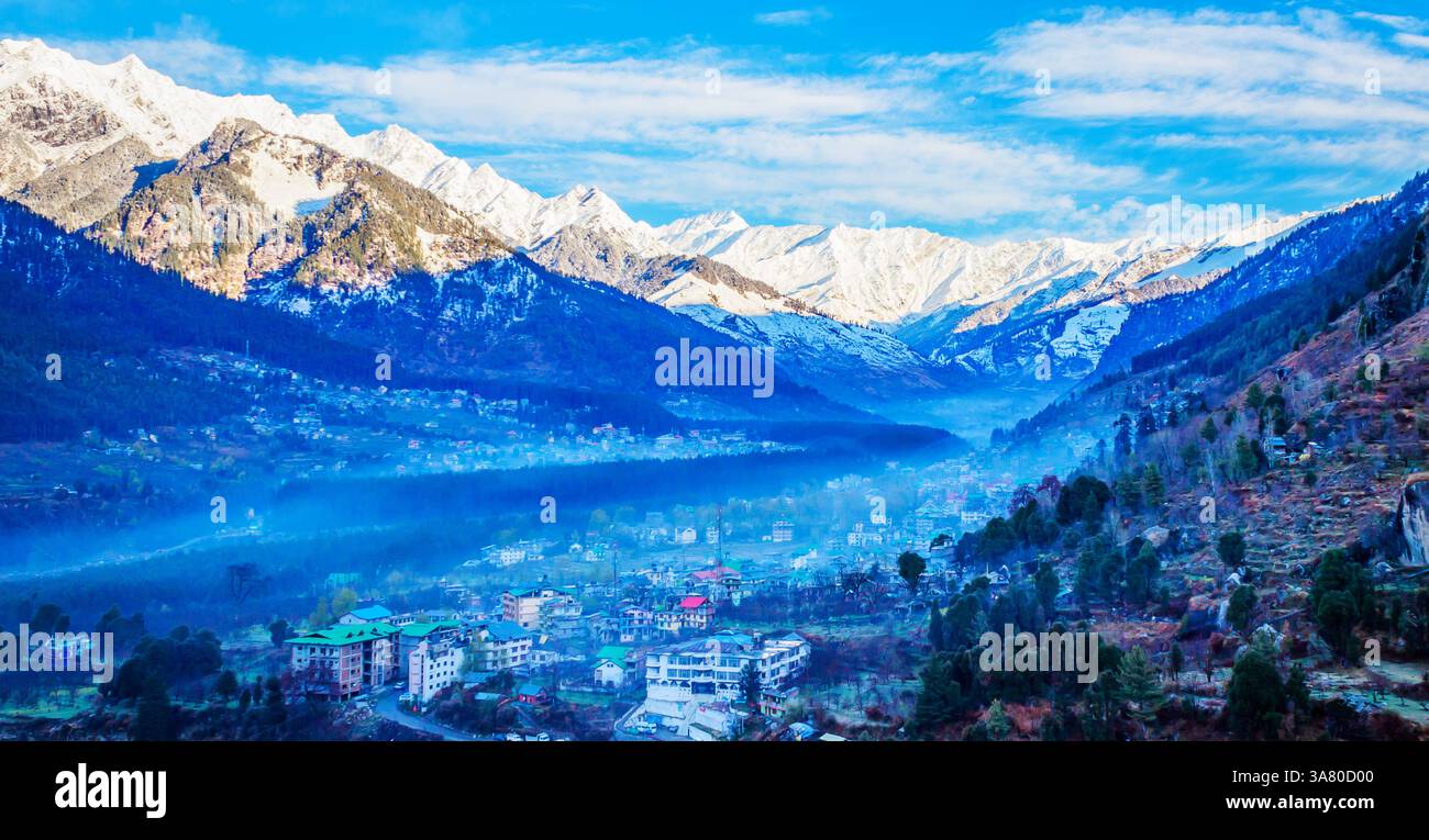sunset in Manali overlooking Manali city and Himalayas India Stock ...