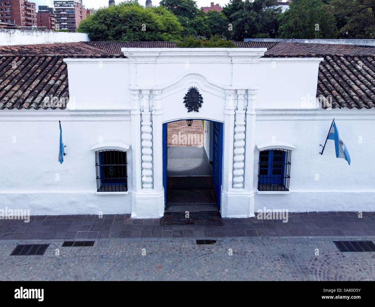 Aerial view of the facade of the Historic House of Independence ...