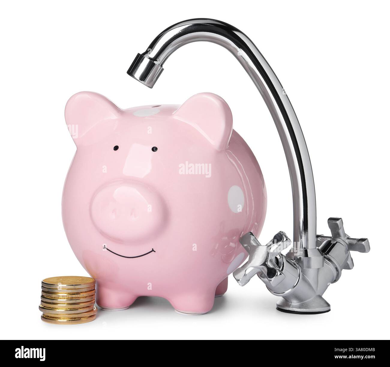 Water scarcity concept. Piggy bank, tap and coins on white background ...