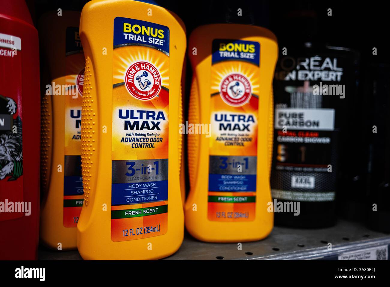 Lviv, Ukraine - March 25, 2025: Yellow bottles of Arm and Hammer Ultra ...