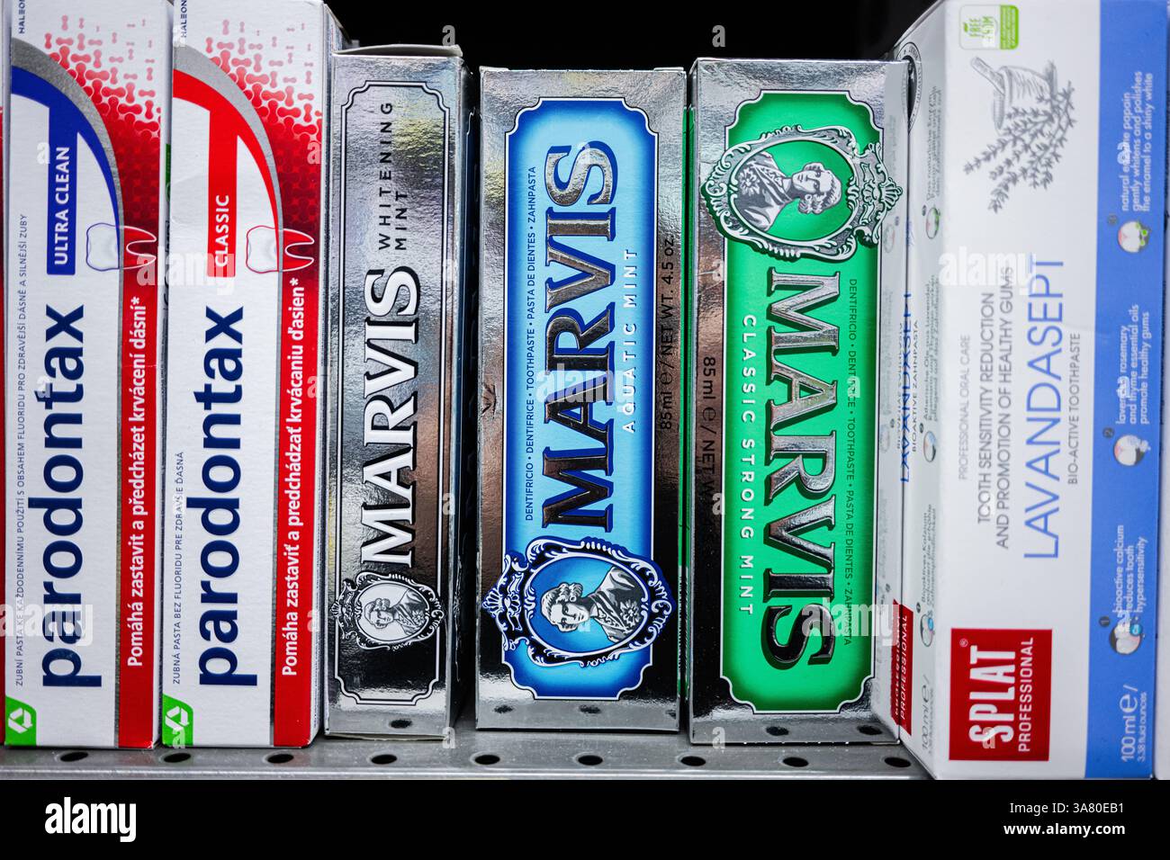 Lviv, Ukraine - March 25, 2025: Selection of toothpaste boxes featuring ...