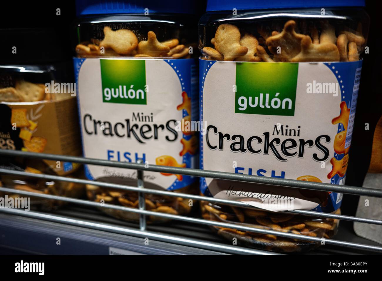 Lviv, Ukraine - March 25, 2025: Gullon mini fish crackers in jars ...