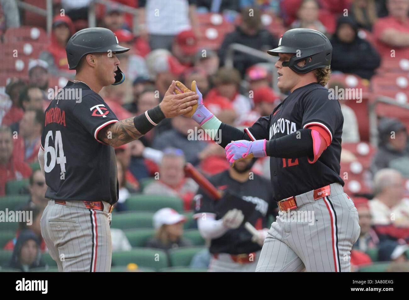 Minnesota Twins outfielder Harrison Bader (12) celebrates with Jose ...